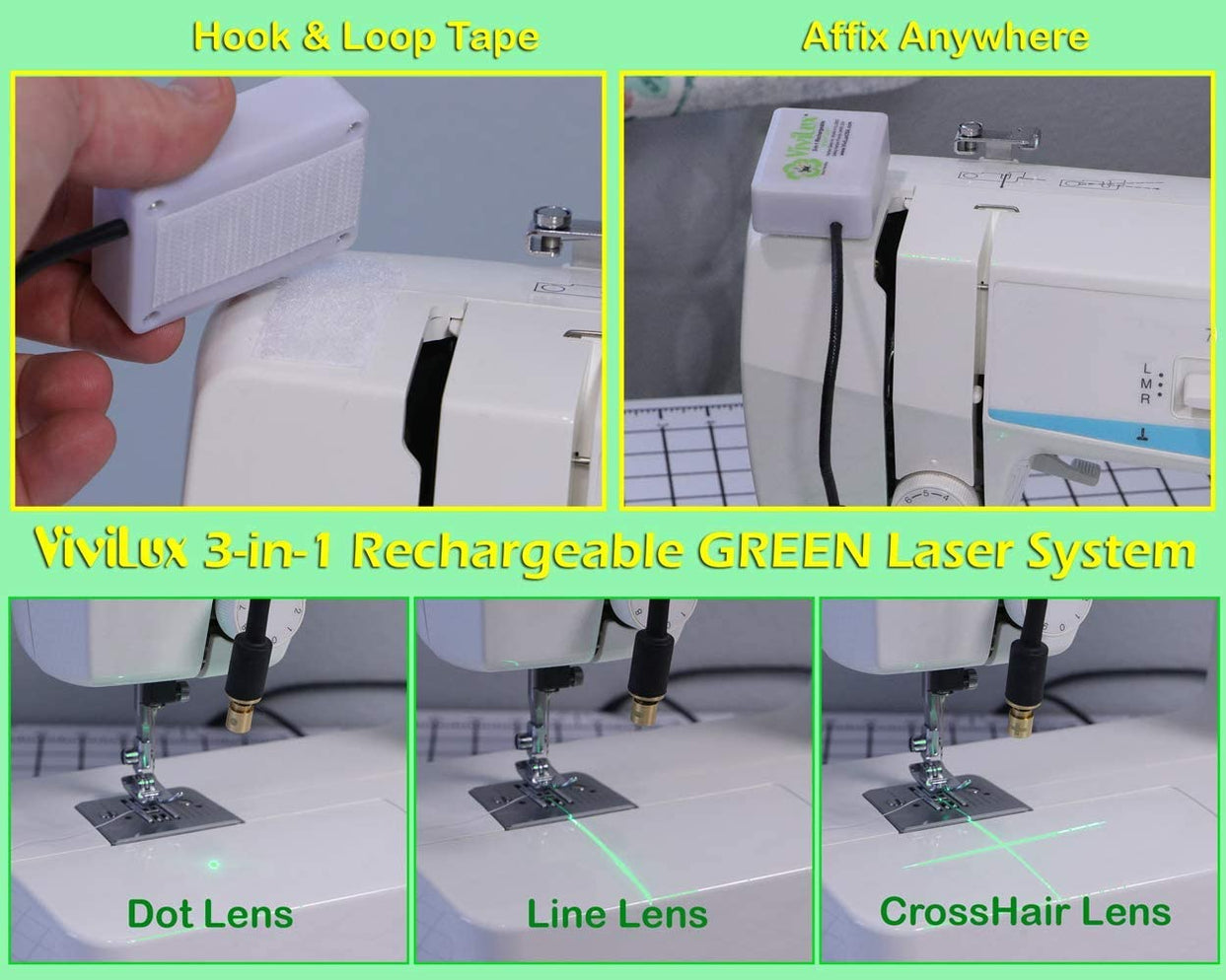 ViviLux 3-in-1 Rechargeable GREEN Laser for Sewing Embroidery Quilting ...